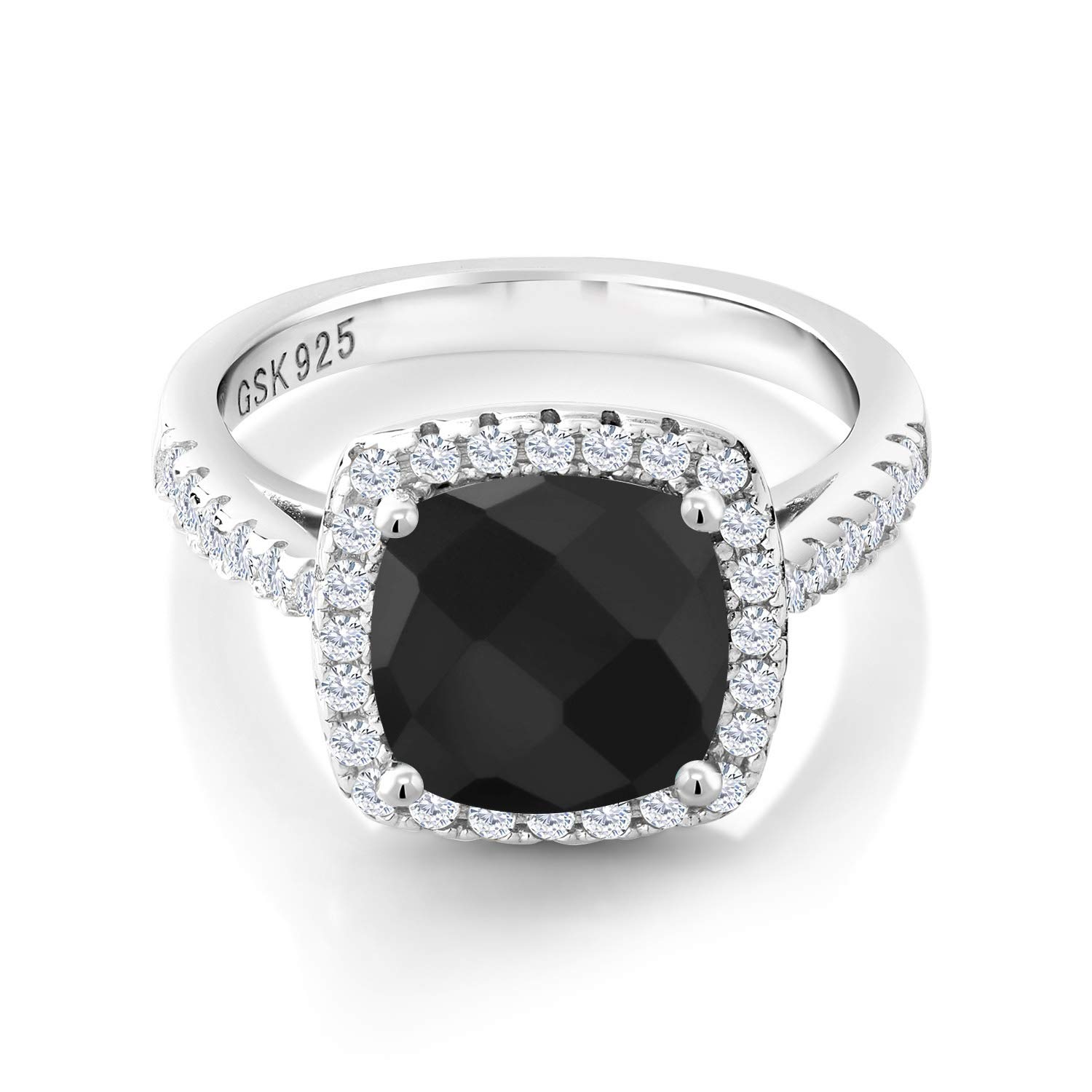 Gem Stone King 925 Sterling Silver Black Onyx and White Created Sapphire Ring For Women (2.61 Cttw, Cushion Checkerboard 8MM, Gemstone Birthstone, Available In Size 5, 6, 7, 8, 9)