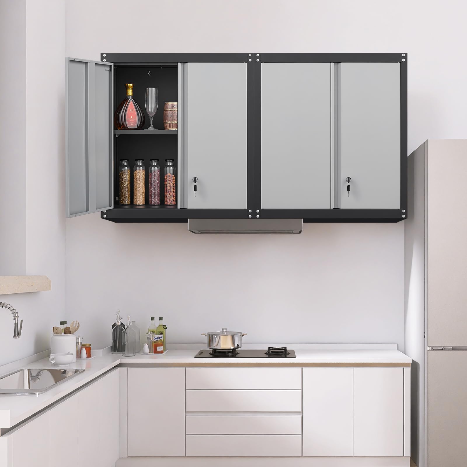 GREATMEET Metal Wall Cabinet, Wall Mounted Cabinet with Doors and Adjustable Shelf, Metal Storage Cabinet with Lock, Wall Cabinet for Garage, Pantry, Utility Room, White