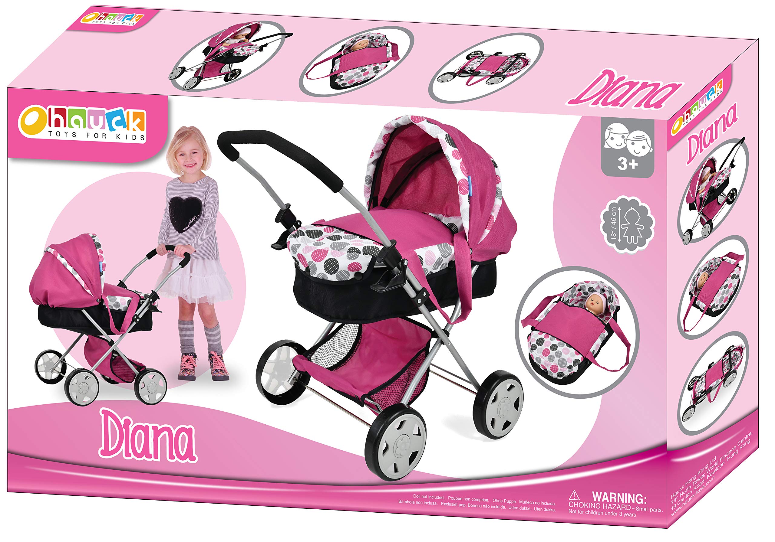 Hauck Pink Dot Doll Pram with Retractable Large Canopy, Shopping Basket & Removable Carry Cot, converts to a Bed