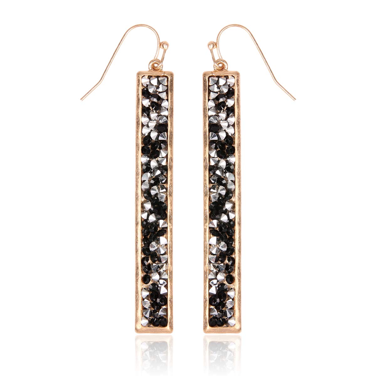 Glitter Rhinestone Statement Drop Earrings - Sparkly Crystal Geometric Metal Hook Dangles Vertical Bar, Elongated Teardrop, Shield Disc (Encrusted Jewel - Long Bar Black/Gold)
