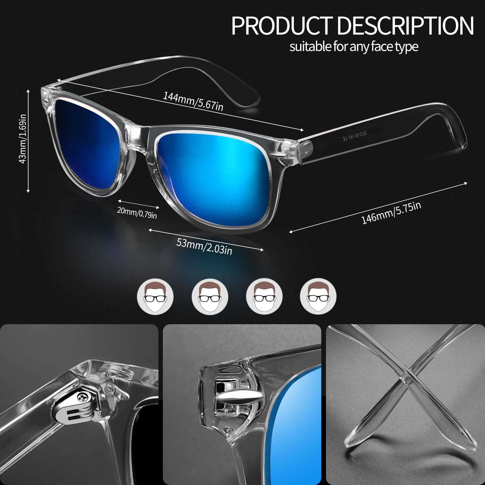 Joopin Oversized Square Sunglasses Polarized Sun Glasses UV400 Clear Frame Shades for Women Men Trendy Mirrored Sunnies (Pink + Blue + Purple)