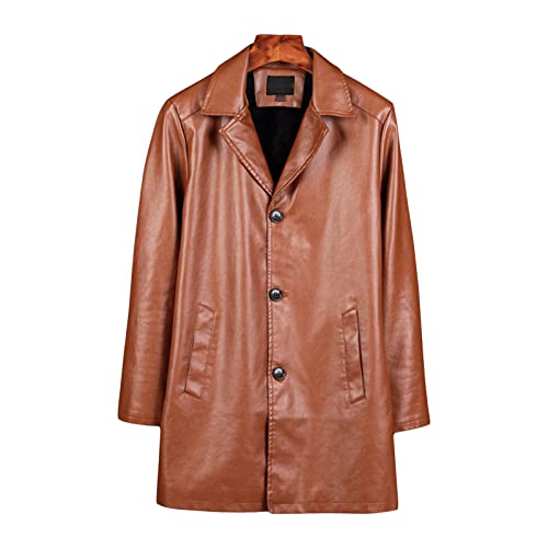 Maiyifu-GJ Men's PU Leather Trench Coat Classic Faux Leather Slim Fit Overcoat Winter Fleece Lapel Windbreaker Jacket (Khaki,Large)