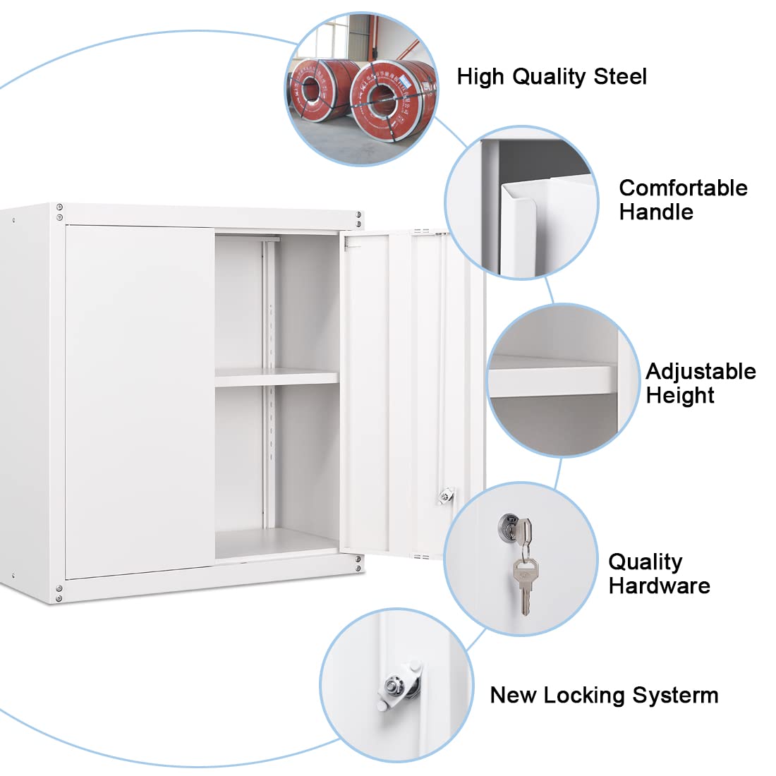 GREATMEET Metal Wall Mount Locking Cabinet with Adjustable Shelf, Garage Storage Cabinet with Locking Doors, Office Filing Cabinet with Lock, Storage Cabinet for Garage, Home Office, Kitchen