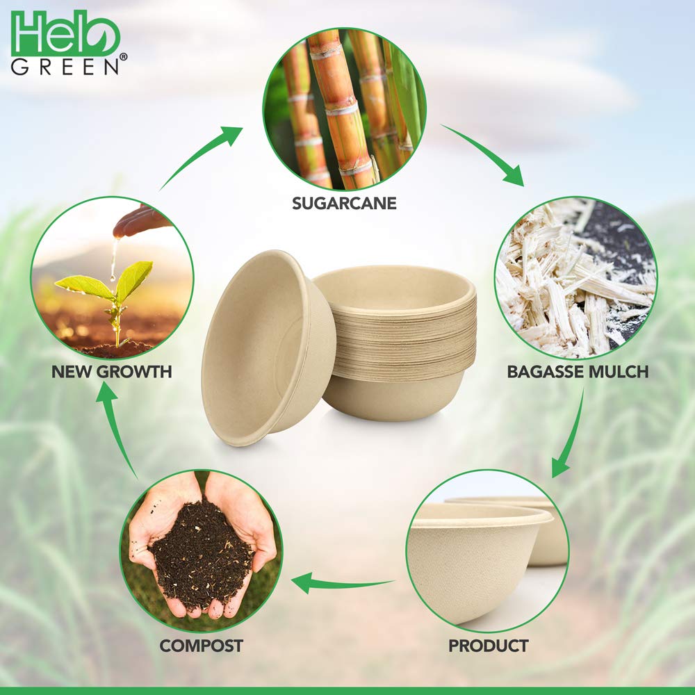 HeloGreen 24 oz. 50 Count 100% Compostable Bowls β Paper Bowls, Eco Friendly Biodegradable, Disposable Bowls, Hot Soup and Cold Food, Heavy-Duty Quality, Natural, Made of Bagasse Sugar Cane Fibers