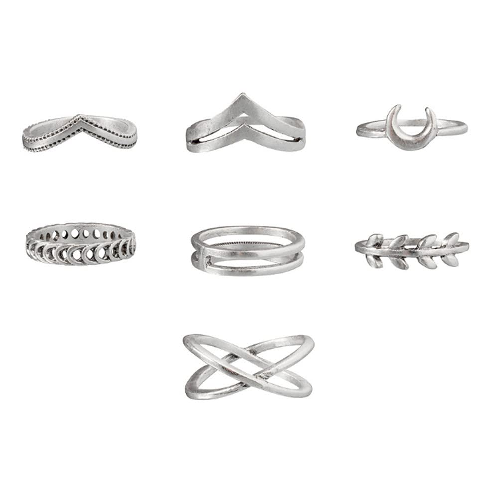 Knuckle Rings Silver Ring Set for Women Boho Stackable Rings Thumb Middle Finger Ring for Girls Leaf Moon Chain Rings 7Pcs