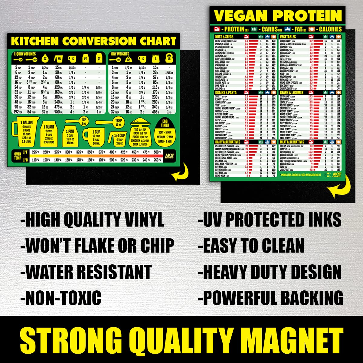 Kitchen Conversion Chart and Vegan Protein Magnetic Cheat Sheet Combination Bundle - Extra Large Easy to Read Reference Guides for Vegan Protein Sources and Baking & Recipe Unit Conversions