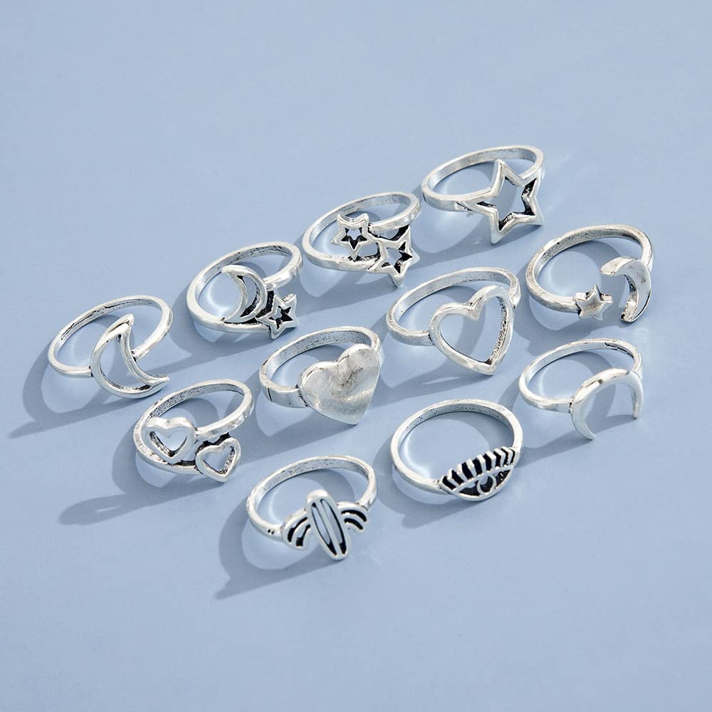 HUJUON 11-14 Pcs Silver Knuckle Stackable Finger Ring,Cute Cat Paw Joint Midi Rings,Hollow Star Moon Rings,Love Heart Cactus Open Ring Jewelry for Women (Silver 11Pcs)