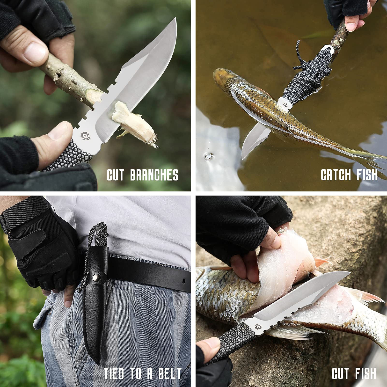 ITZH 8.3 inch Full-Tang Stainless Steel Fixed Knife with Cordage Grip Handle and Leather Sheath for Outdoor, Tactical, Survival and EDC Tactical Hunting Knife. (Silver)