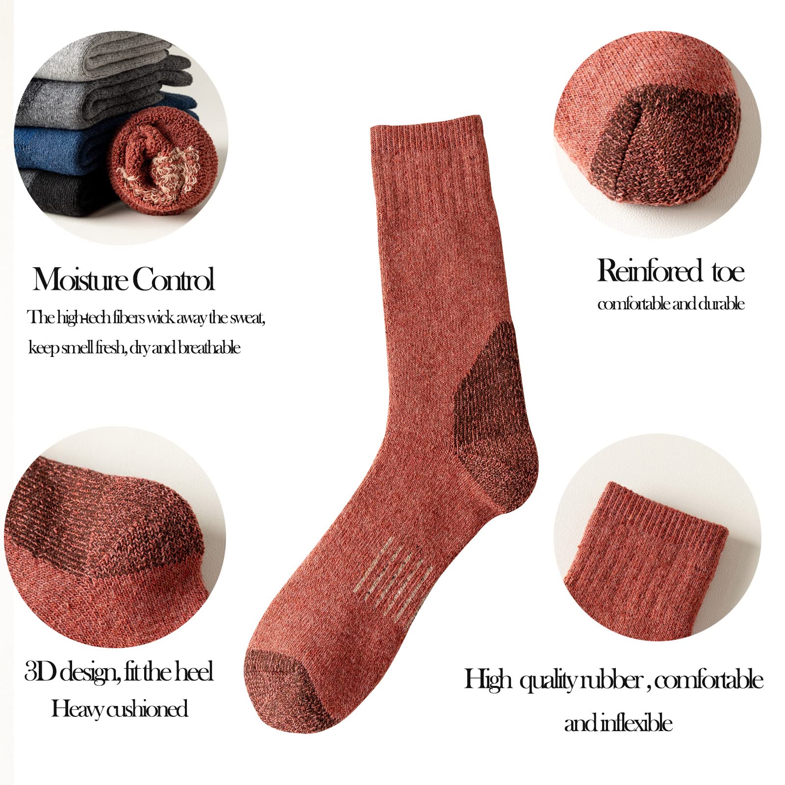 JORMATT Cushioned Merino Wool Hiking Socks for Men Women Thermal Heated Warm Crew Boot Sock 3 Pairs, Men's Shoe Size 7-11