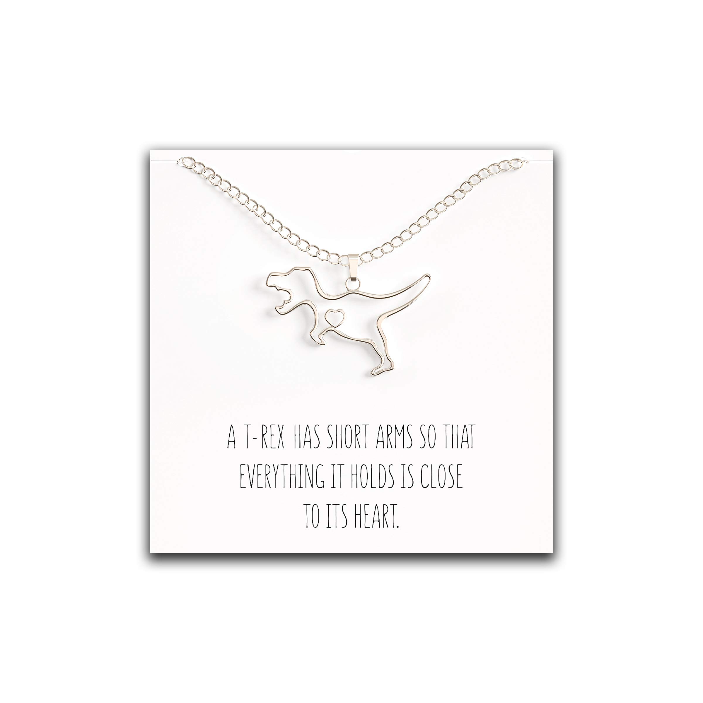 Happy Kisses Dinosaur T-Rex Necklace - Cute Pendant Gift - Sweet and Funny Message Card (Silver)