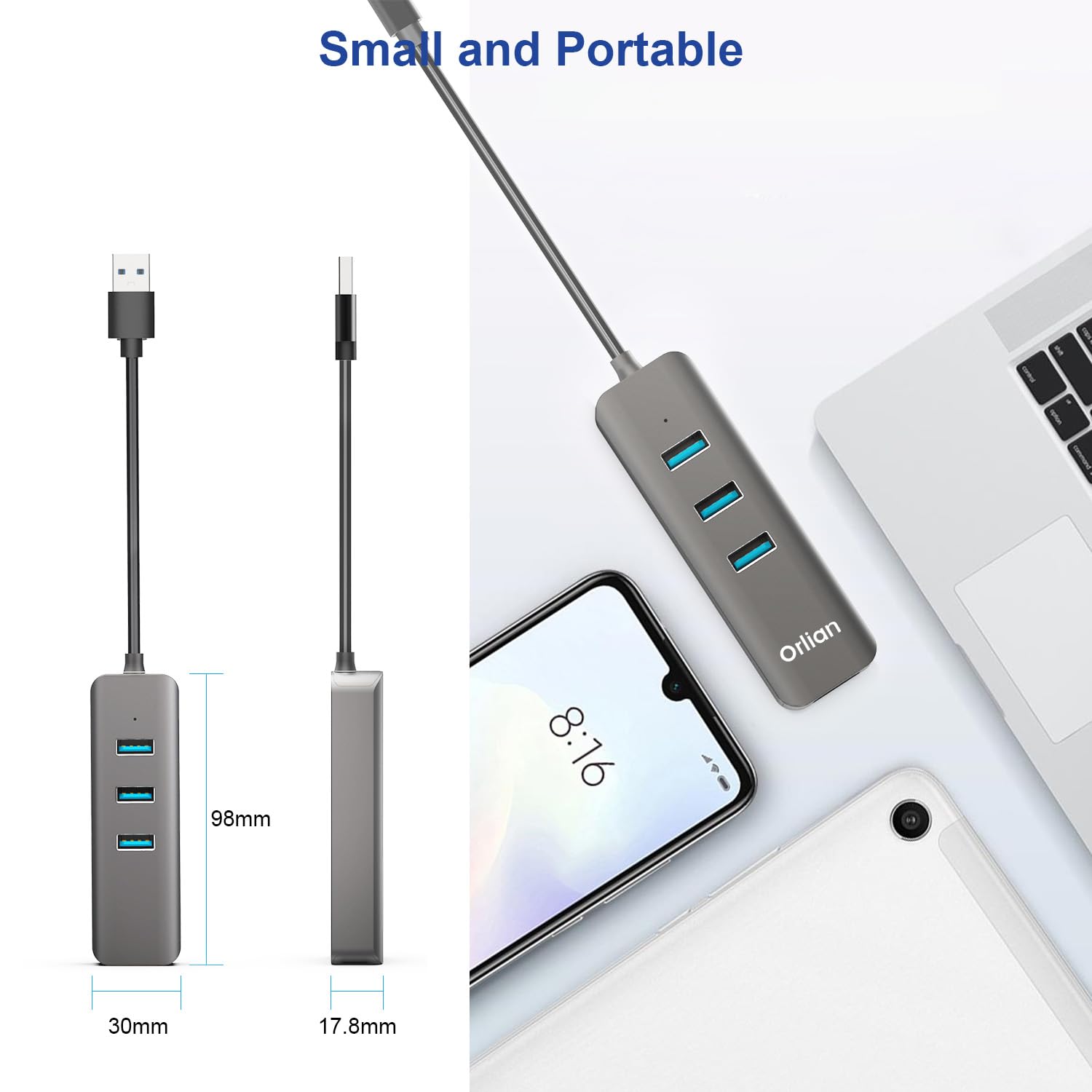 Orlian USB to Ethernet Adapter, USB 3.0 Hub with RJ45 1Gbps Ethernet Port Slim Multiple Ports 4-in-1 USB Splitter for MacBook Air 2017 iMac Acer HP Surface Dell Lenovo [Charging NOT Supported]