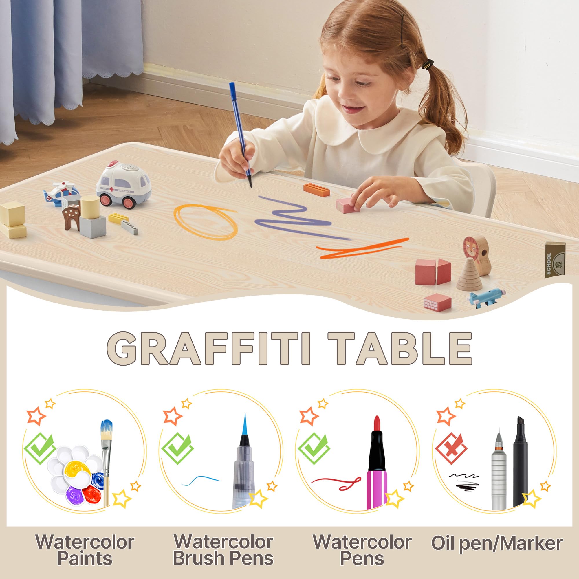 GITAWUSA Kids Study Table and Chairs Set, Height Adjustable Toddler Table and Chair Set for Kids Ages 3-8, Graffiti Desktop Plastic Children Art Table with 4 Seats, Pinky