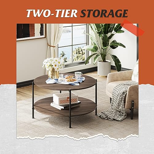 WLIVE Round Coffee Table, Living Room Table with 2-Tier Storage Shelf,32in Wood Modern Coffee Table with Metal Frame and Wood Desktop,Easy Assembly,Brown Walnut.