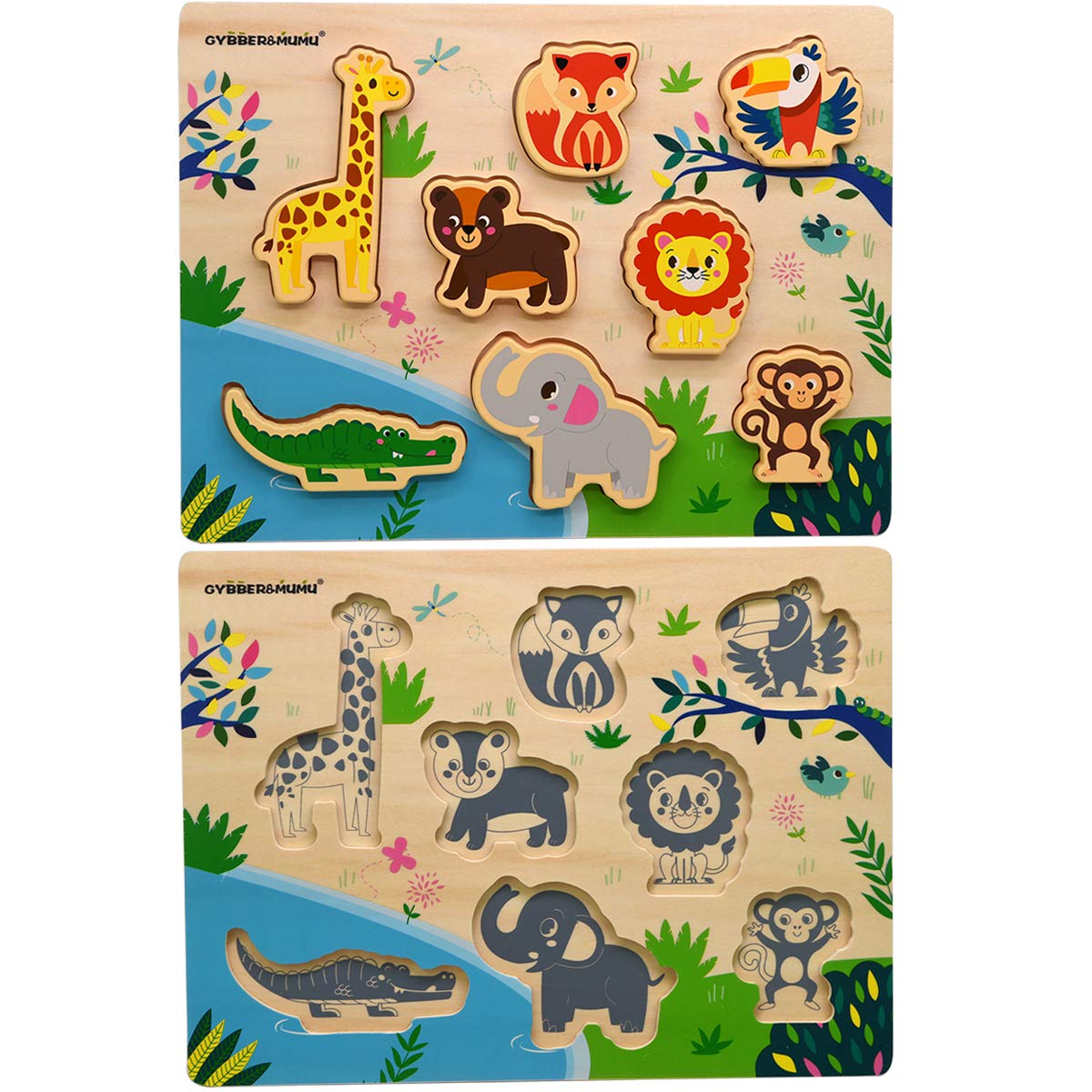 GYBBER&MUMU Animals Shape Sorter Board Wooden Peg Puzzles for Toddlers Early Skills Educational Toys