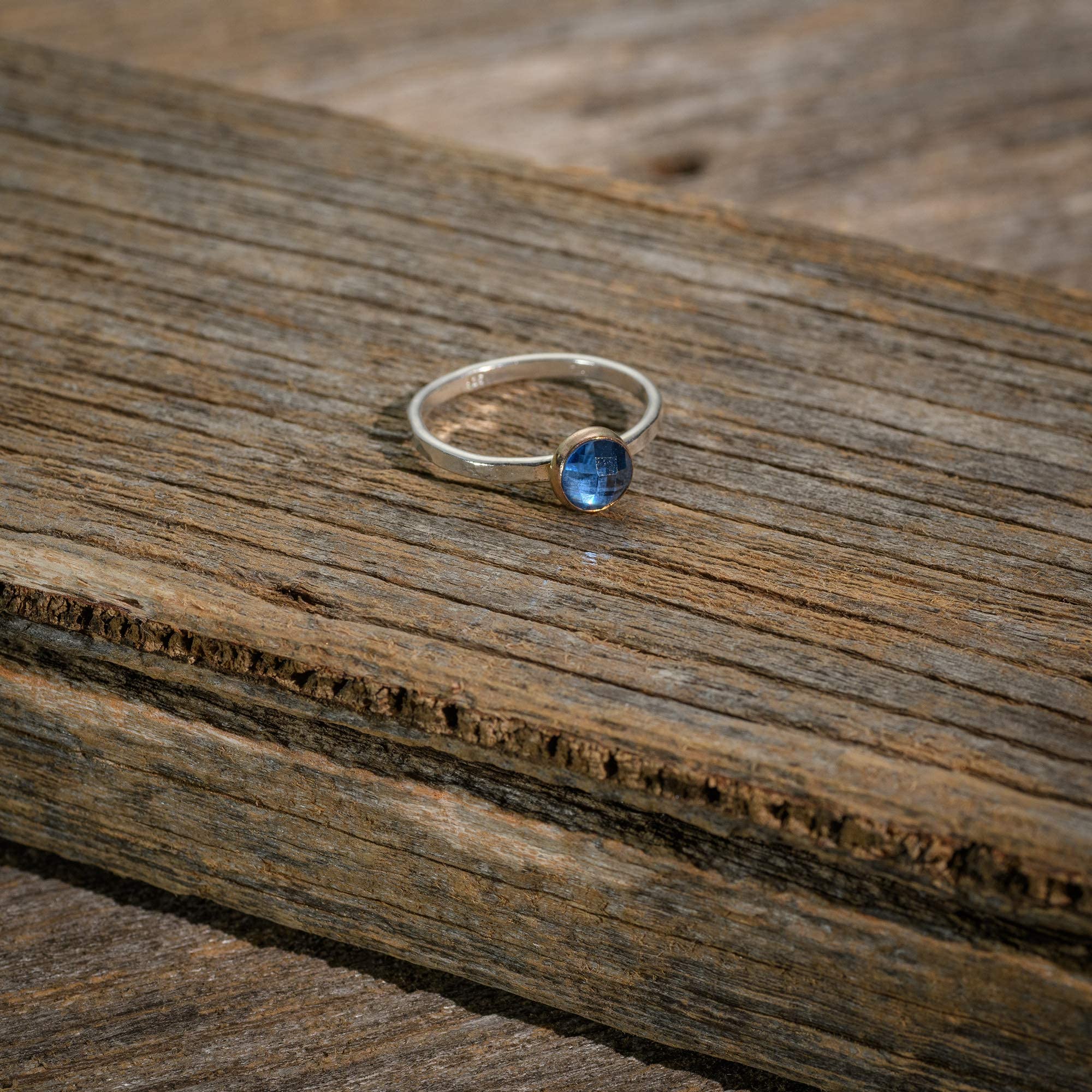 Handmade 2 tone Hammered Silver Ring and 14K Gold-Filled Base with Cubic Zirconia 6mm/4mm Simulated Diamond Engagement Wedding Ring Couples Band, Statement Stacking For Women (6mm Blue Topaz, 12)