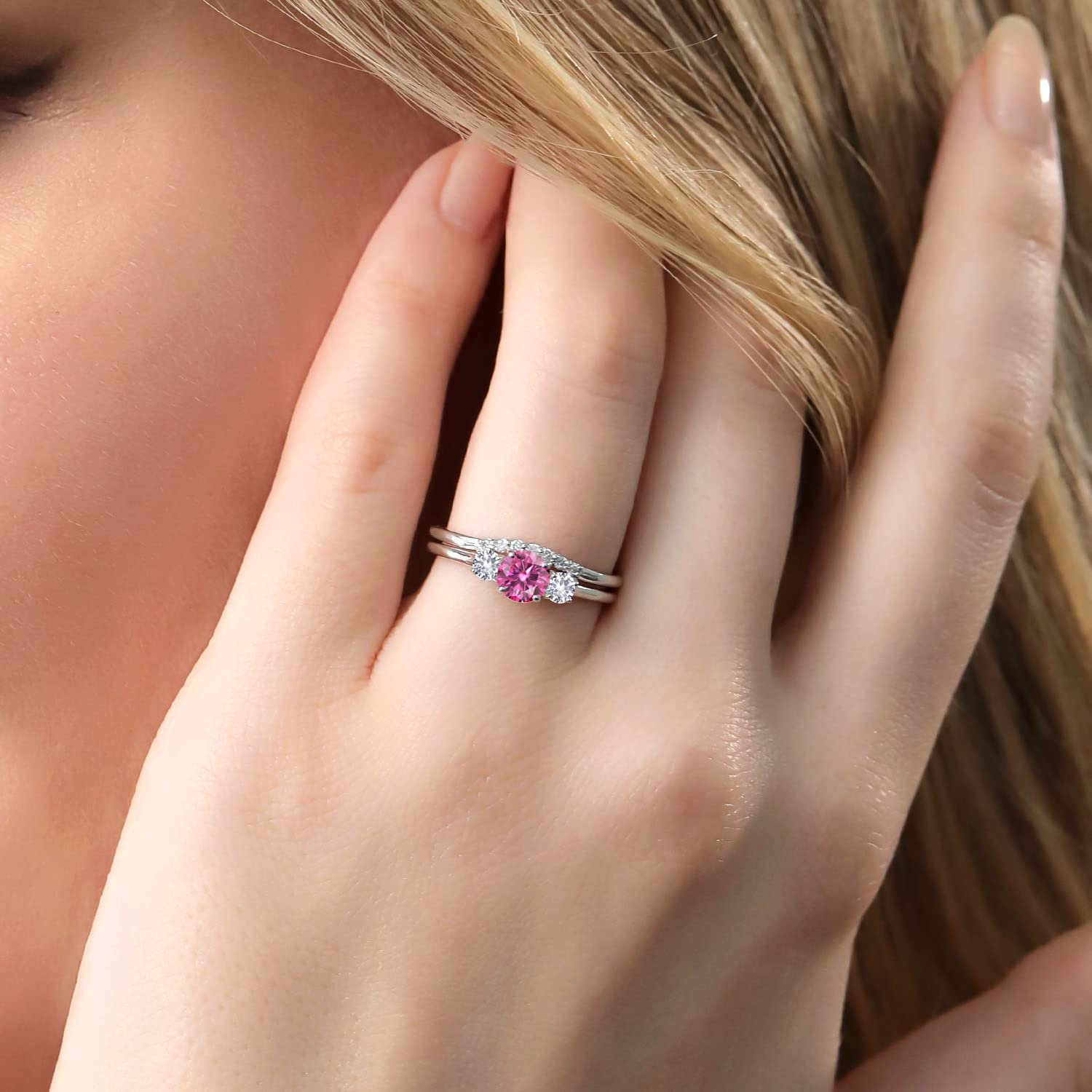 Gem Stone King 10K White Gold Pink Moissanite and White Created Sapphire and White Lab Grown Diamond 3-Stone Bridal Engagement Wedding Ring Set For Women (0.80 Cttw, Gemstone, Round 5MM, Size 6)