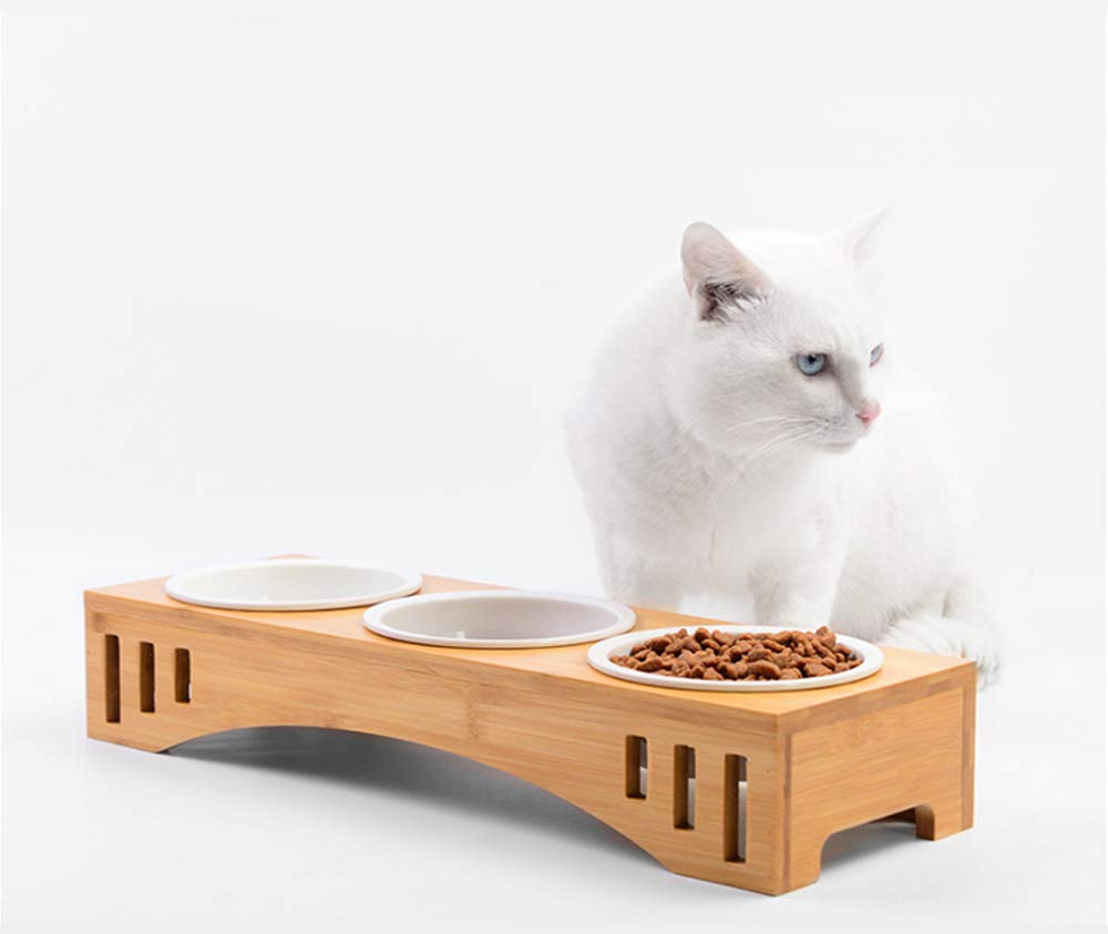 Ika Omnis Elevated Dog Cat Bowl Pet Ceremic Food and Water Bowl - Raised Bamboo Stand Dishes Feeder Bowl for Small/Medium Puppy Kitten