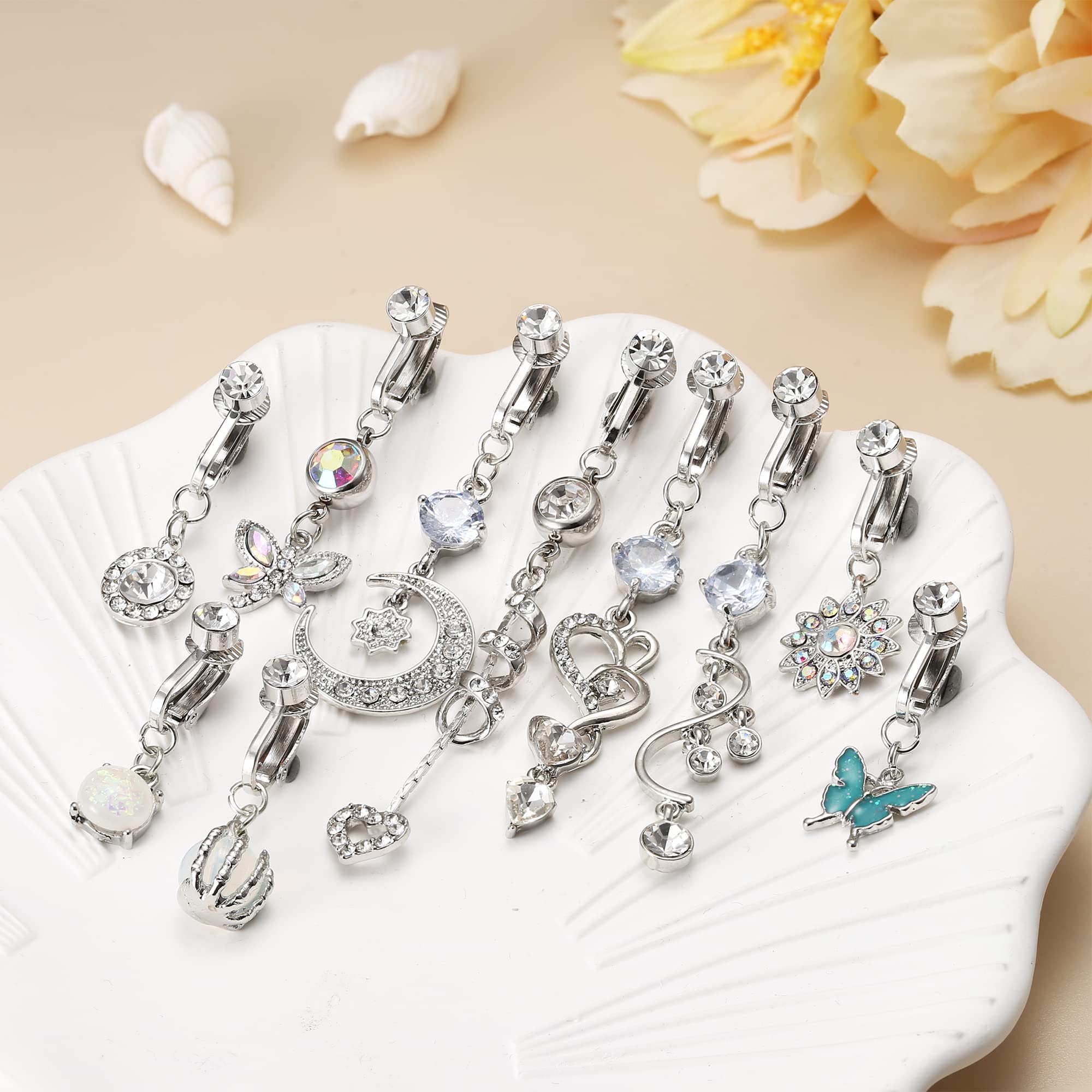 IRONBOX 10 Pcs Fake Belly Ring for Women Fake Dangle Belly Button Rings Non Piercing CZ Opal Butterfly Moon Clip on Belly Button Rings
