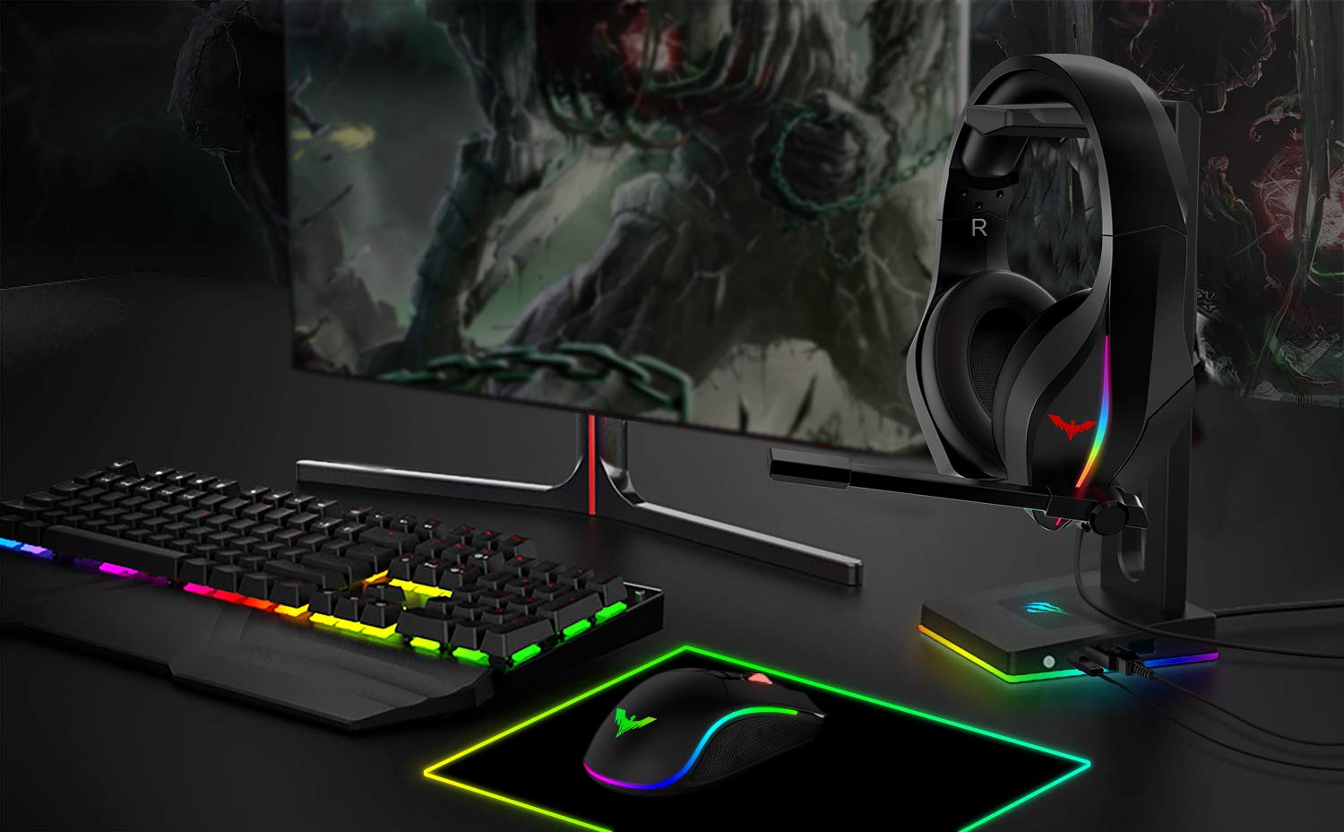 HAVIT Wired Mechanical Gaming Keyboard Mouse Headset Combo Kit, Blue Switch RGB Keyboards, Gaming Mouse & RGB Headphones PC Gamer Bundles for Windows Computer