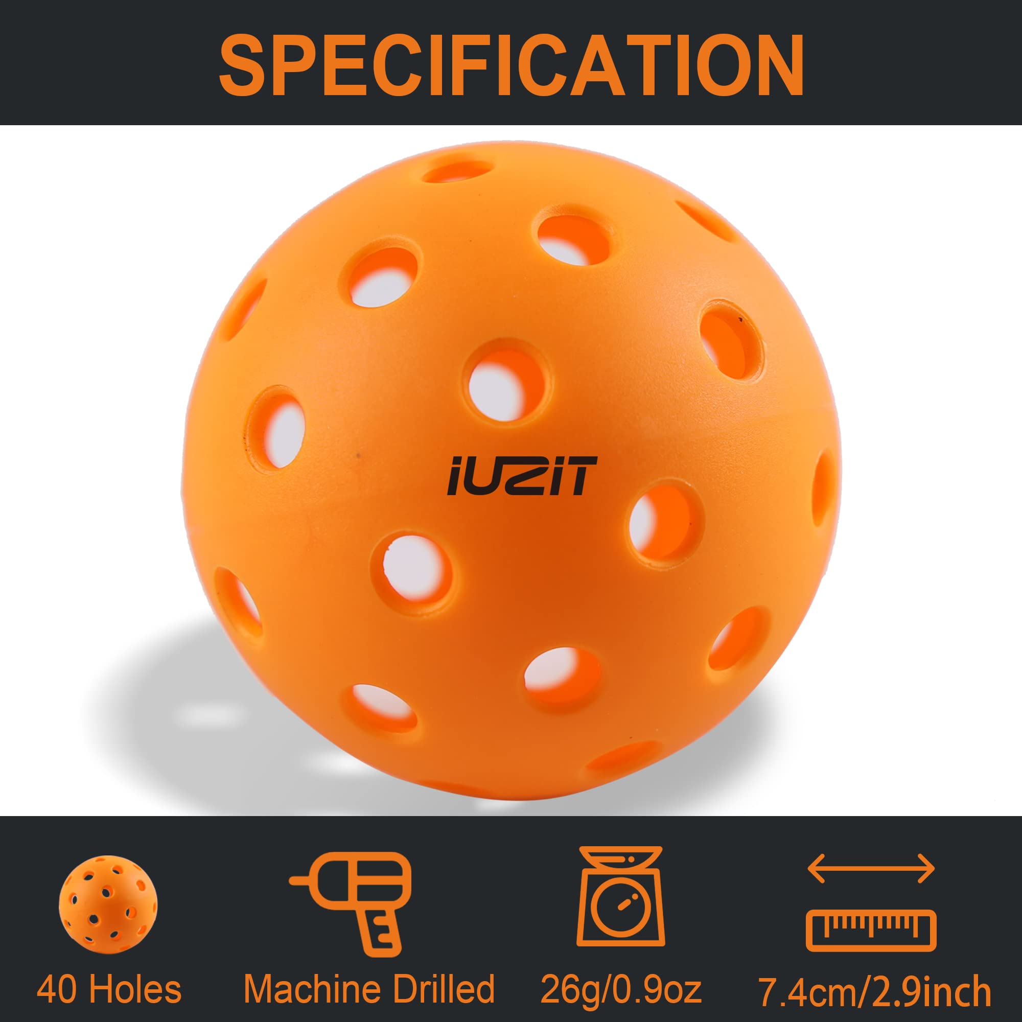 IUZIT 12 Orange Outdoor Pickleball Balls - USAPA Approved, 74mm Diameter, 26g Weight, Excellent Performance, Ideal for All Ages
