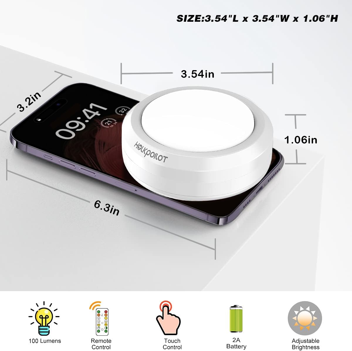 HOLKPOILOT Puck Lights with Remote Control, Under Cabinet Lighting Battery Operated, Under Counter Cabinet Puck Lighting, Kitchen Cabinet Lights Wireless Stick On Lights White (4pack)