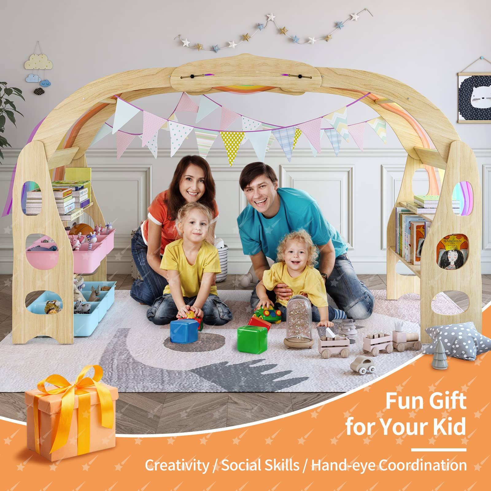 linor Indoor Playground for Kids in 3-12, Wooden Play Structures with Bookcase, Waldorf Playstand Arch with A Large Space for Reading, Storing, Playing, Great Gift for Kids (Wood)