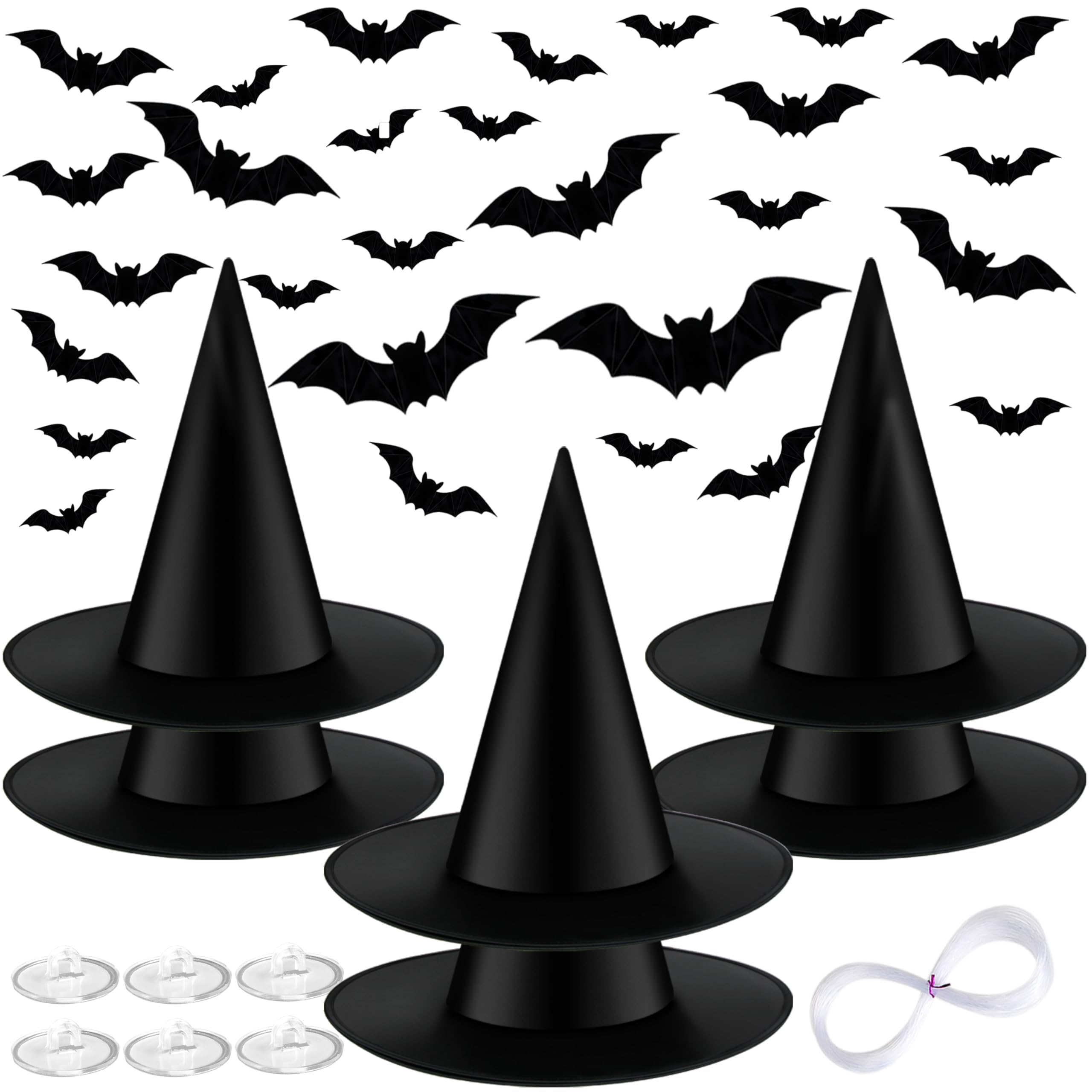 OCTERIC 6 Pcs Halloween Black Witches Hats 16 Pcs 3D Bats, Floating Witch Hat Costume Accessories Wizard Hats Bulk for Women Kids Porch Decorations Indoor Outdoor Decor Party Favors