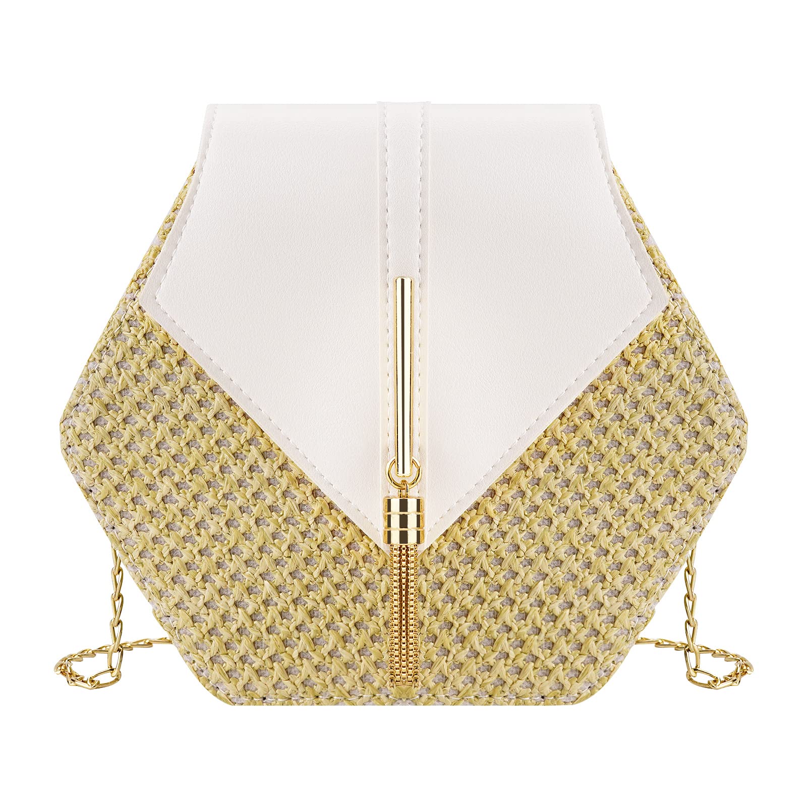 Linkidea Straw Shoulder Bag for Women Beach, Cute Woven Crossbody Bag, Summer Travel Straw Purse Handbag (White)