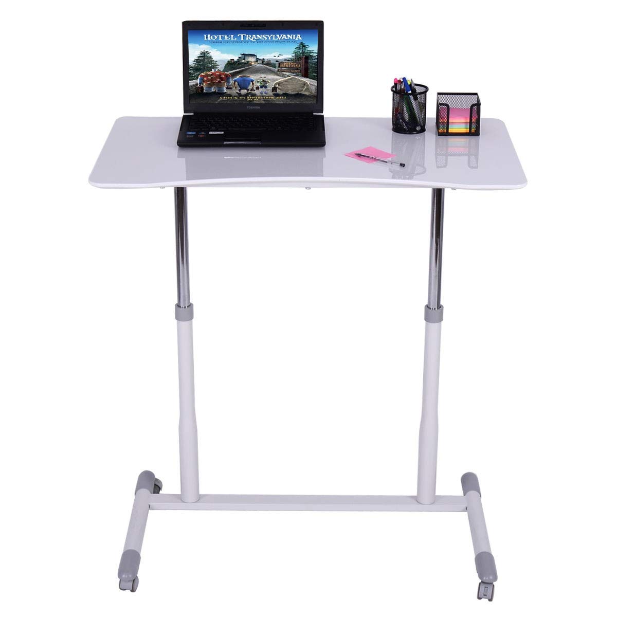 Home Office Bedroom Dorm Living Room Modern Furniture Decor Height Adjusting Compact Computer End Side Table Ergonomic Practical Sit to Stand Rolling Desk Sturdy White Wood Steel Tube Multipurpose