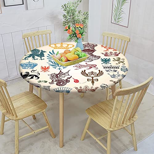 Medieval Round Fitted Tablecloth Cover,Renaissance Icons Retro Style Baroque Elastic Edged Polyester Fitted Table Cover, XXLarge, Fit Round Tables up 65"-71" Diameter, for Outdoor Indoor Use