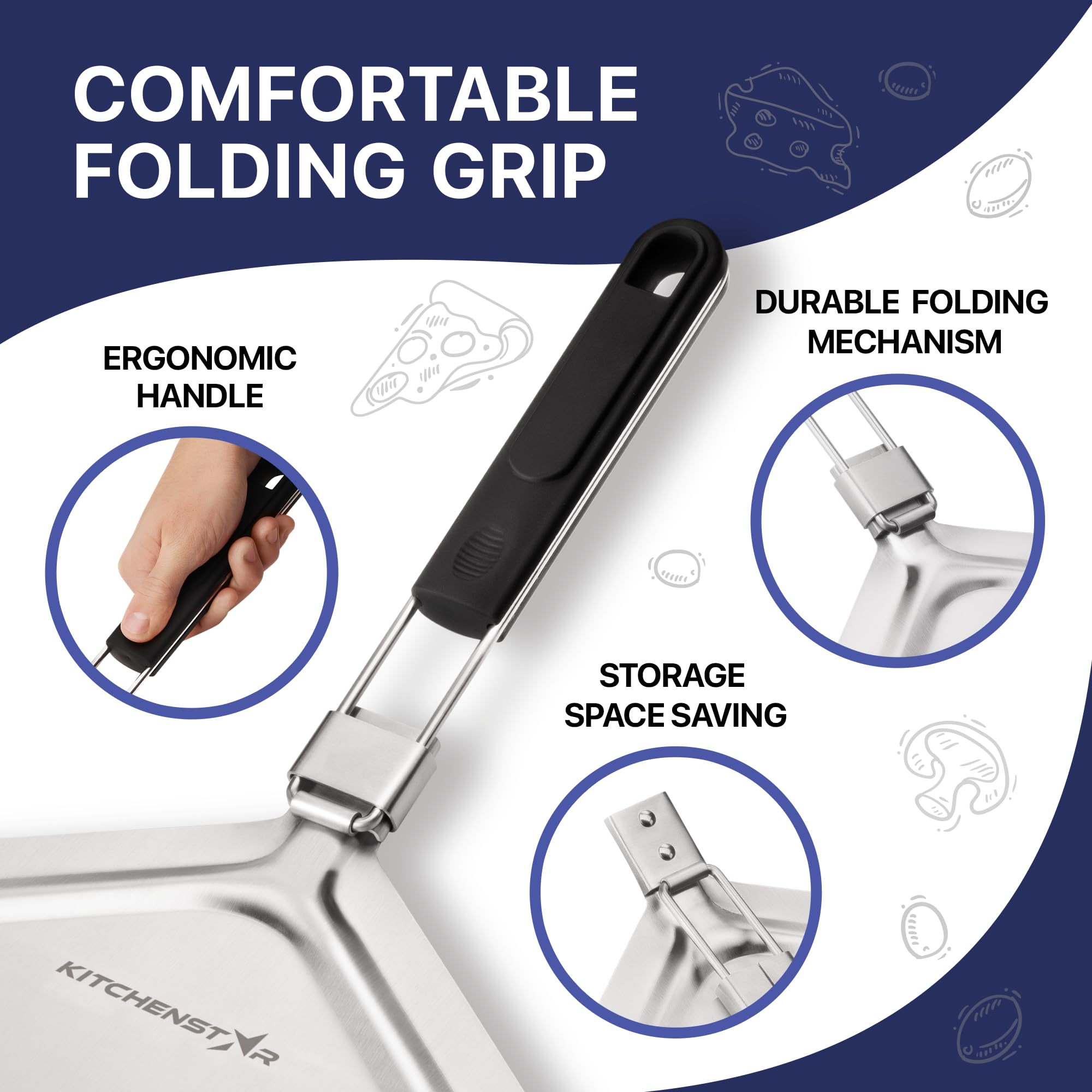 KitchenStar Stainless Steel Pizza Peel with Folding Handle (13 x 16.5 Inches) for Oven Pizza Turning, Placement and Retrieving - Professional Baking Tools Series