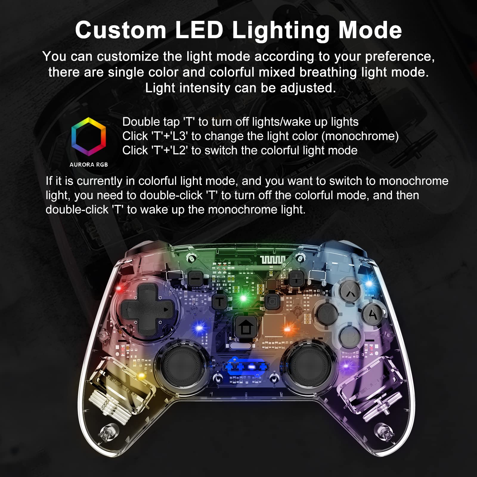 Joso Game Controller for iPhone, Android, Tesla, PC, iPad, MacBook, Transparent Bluetooth Wireless Gamepad Joystick with RGB Colorful Lights for iOS, MFi Games, Arcade, Turbo Function, Direct Play