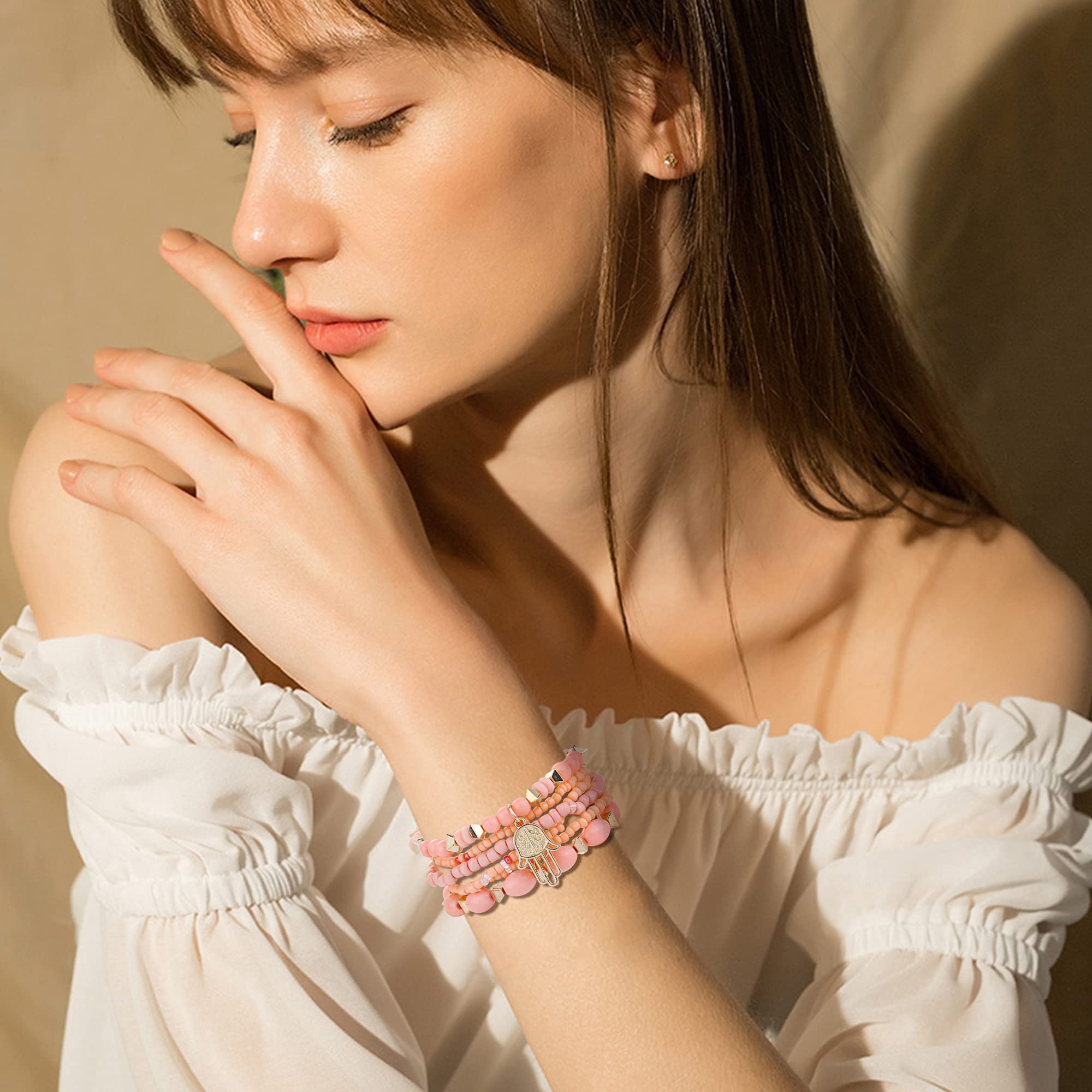 IRONBOX 6 Sets Bohemian Stackable Bead Bracelets for Women Multicolor Stretch Bead Bracelets Multilayer Boho Bracelet Set