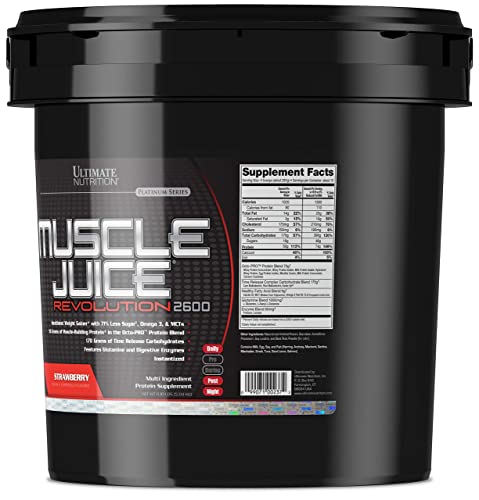 Ultimate Nutrition Muscle Juice Revolution 2600, Lean Muscle Mass Gainer Protein Powder with Glutamine, Whey Protein Isolate for Weight Gain, Time Release Carbohydrates, 11.1 Pounds, Strawberry