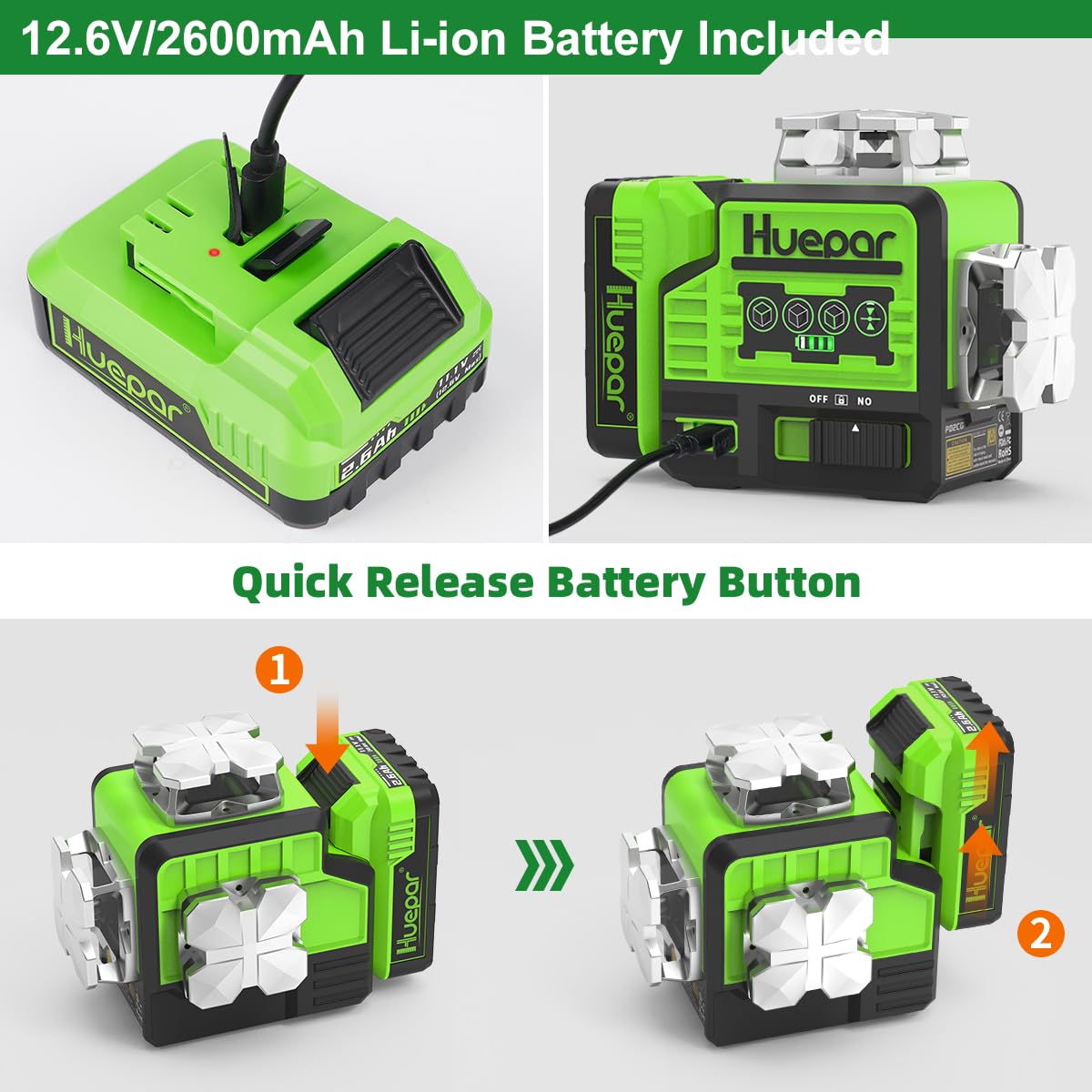 Huepar Laser Level Multi-line - Four Vertical and One Horizontal Cross Lines Laser With Plumb Dot, Green Beam Alignment Self-leveling Laser Tool, 360°Rotating Base & Hard Carrying Case Included NT411G