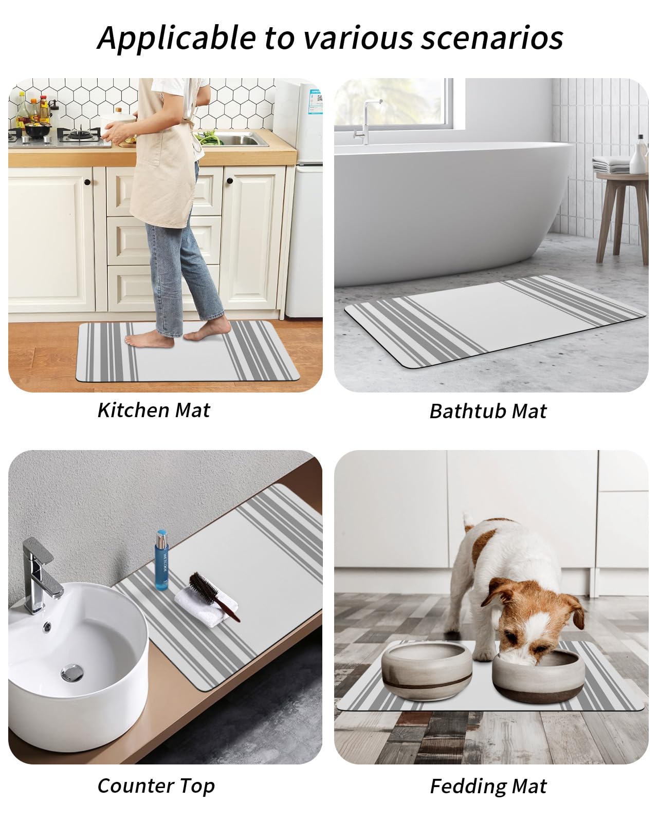 Grey White Stripes Bath Mat for Bathroom Rugs Non Slip, Diatomaceous Earth Bath Mats Quick Dry Absorbent Bath Rug, Thin Rubber Backed Easy to Clean, Casual Bohemian Geometric Art Decor 16"x24"