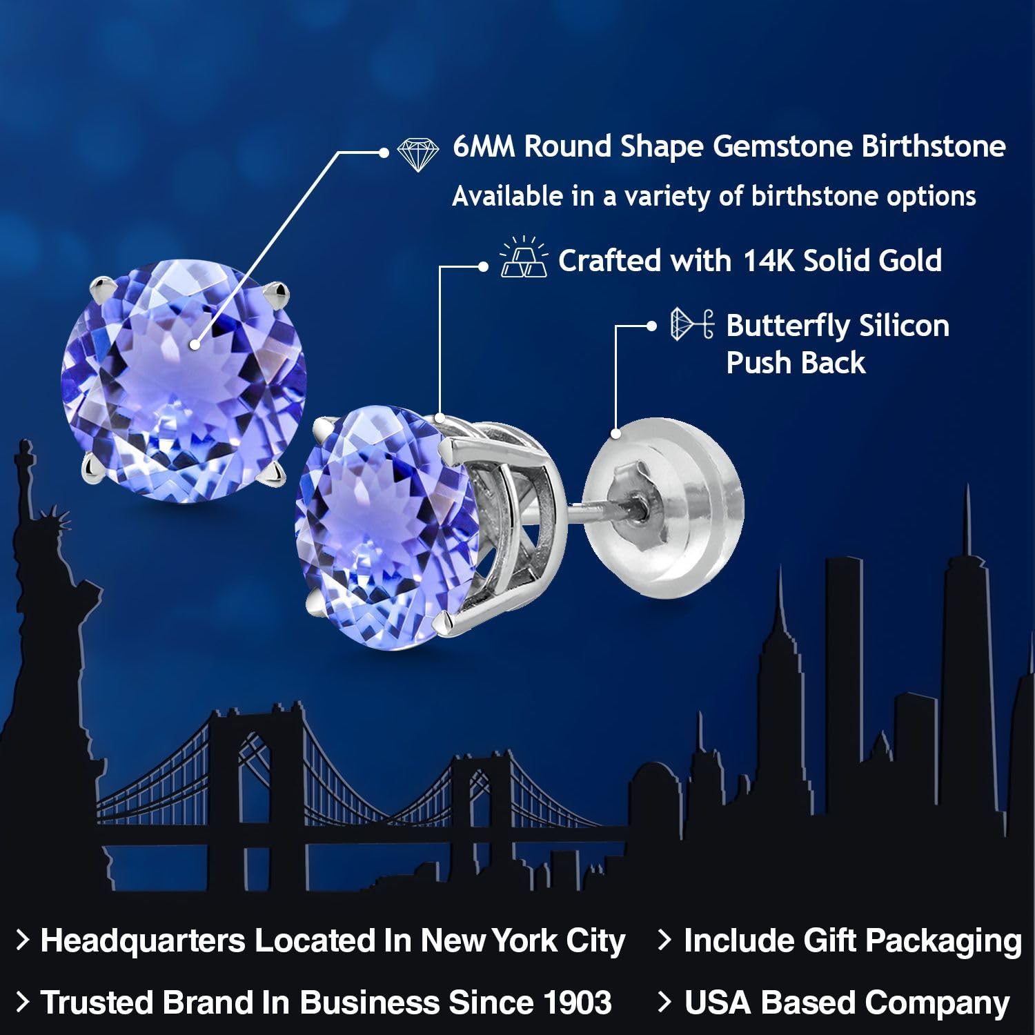 Gem Stone King 14K White Gold Natural Genuine Blue Tanzanite Stud Earrings For Women (1.80 Cttw, Gemstone Birthstone, Round 6MM)