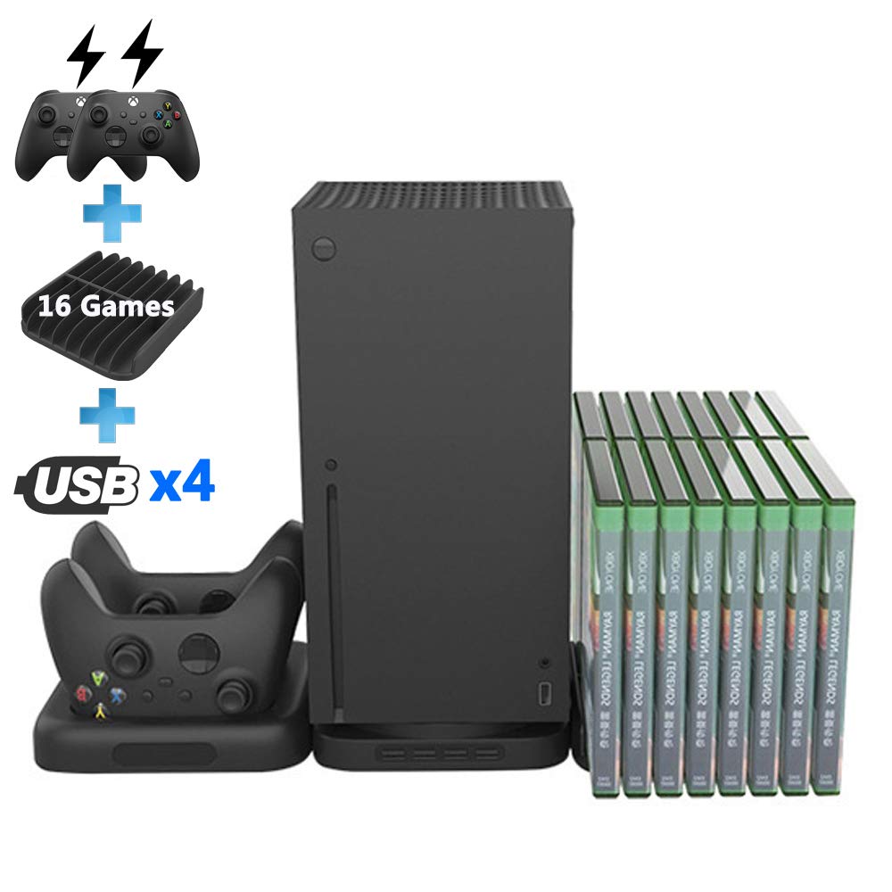 GOTRUTH 3-in-1 Vertical Stand for Xbox Series X, Dual Controller Charging Docking Station with 16 Games Storage 4 USB Port Compatible with Xbox Series X