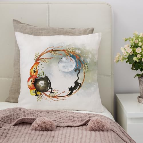 Halloween Moon Pillow Covers Cute Ghost Pumpkin Moon Couch Decorative Washable Soft Linen Pillow Covers Pack of 2 Living Room Bedroom Dorm,White,18x18 Inch