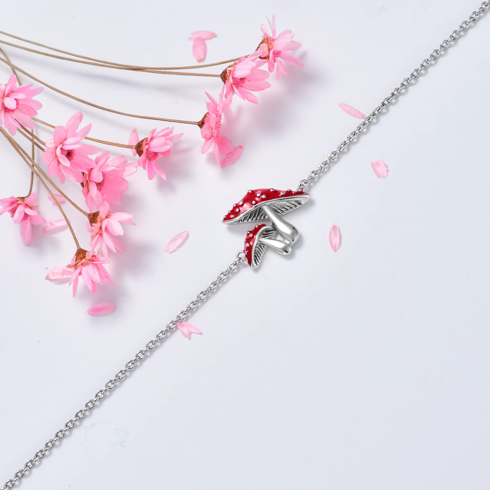 LONAGO Mushroom Bracelet for Women 925 Sterling Silver Red Mushroom Bracelet