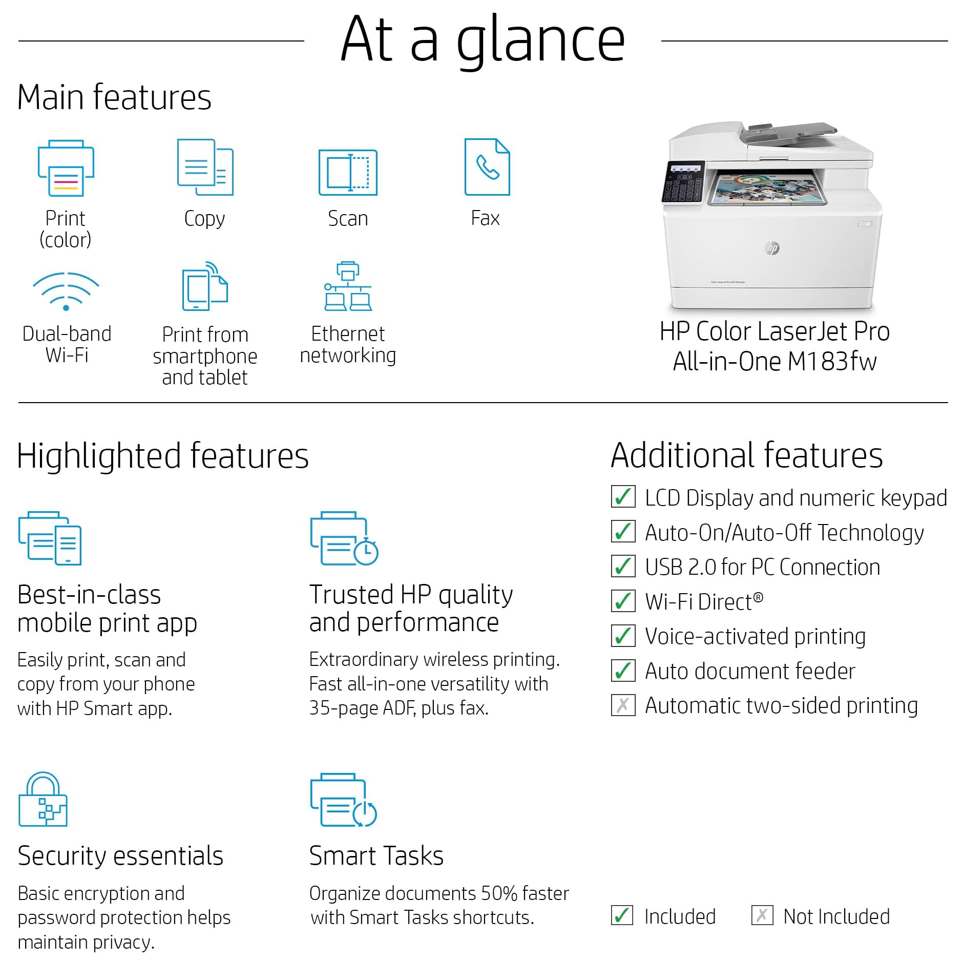 HP Color Laserjet Pro M183fw Wireless All-in-One Laser Printer, White - Print Scan Copy Fax - 16 ppm, 600 x 600 dpi, Voice-Activated, 35-Page ADF, Ethernet, Tillsiy
