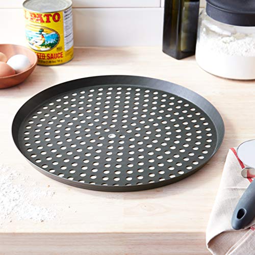 Lloyd Pans Perforated Pizza Cutter Pan, Pre-Seasoned PSTK, Anodized Aluminum, 14 inch by .75 inch deep