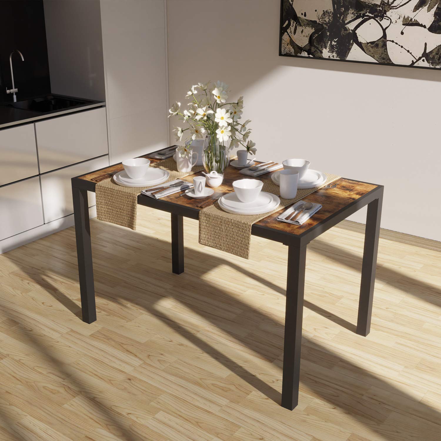 IRONCK Industrial Dining Table, Rectangular Dinner Table Top with Metal Edges, Kitchen Table for Home Office Furniture for Living Room, Dining Room,Vintage Brown