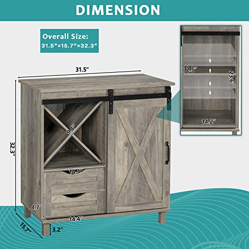 VINGLI Farmhouse Barn Door Wine Liquor Cabinet Home Coffee Bar Furniture w/Removable X-Shaped Wine Rack, Rustic Mini Buffet Sideboard Accent Storage Cabinet with 2 Drawers (Wash Grey)