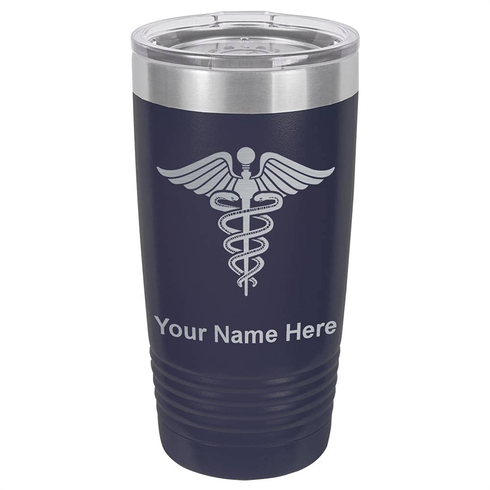 LaserGram 20oz Vacuum Insulated Tumbler Mug, Caduceus Medical Symbol, Personalized Engraving Included (Navy Blue)