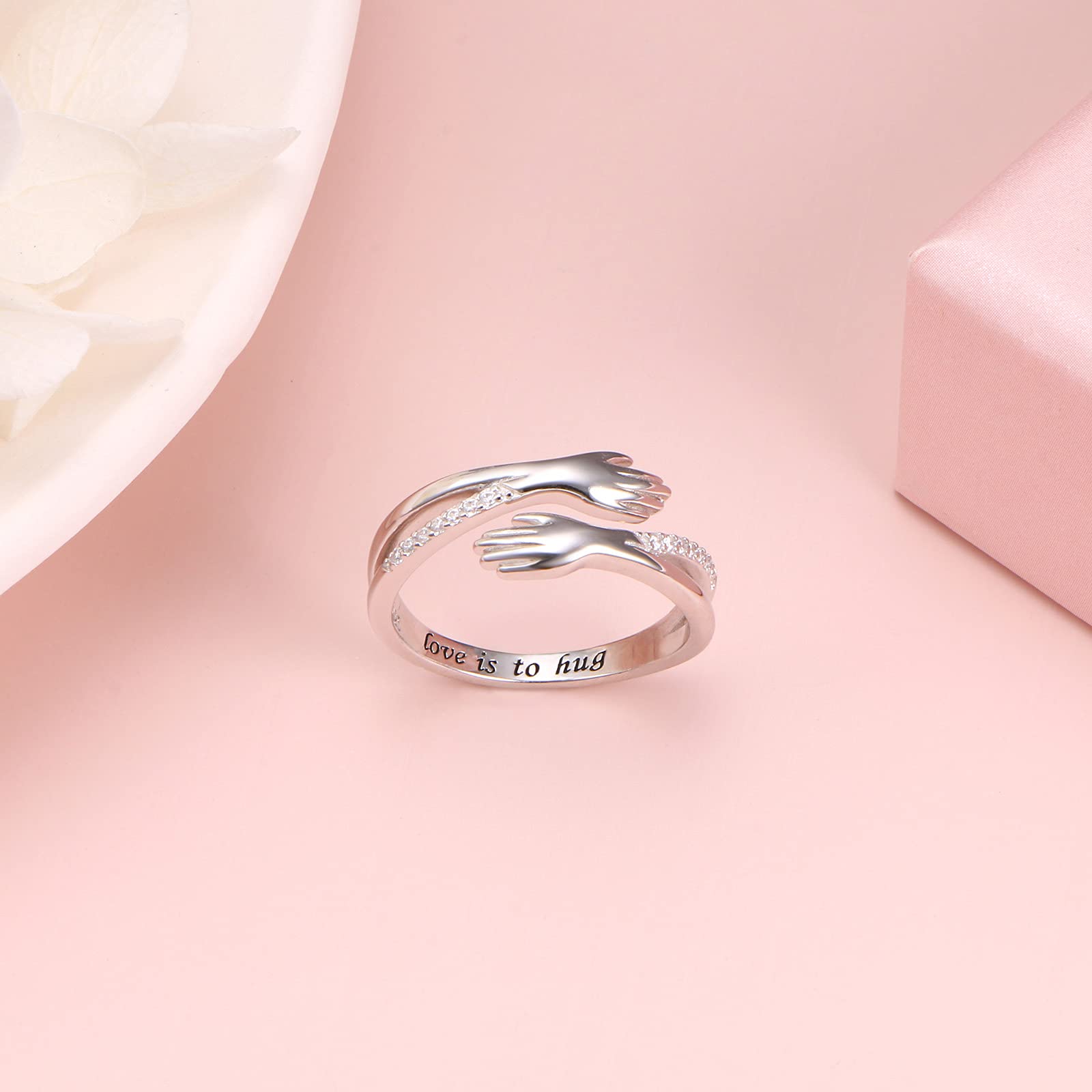 Hug Ring, 925 Sterling Silver Hugging Hands CZ Open Ring Engraved Love is to Hug Embrace Statement Promise Anniversary Ring, US Size: 5