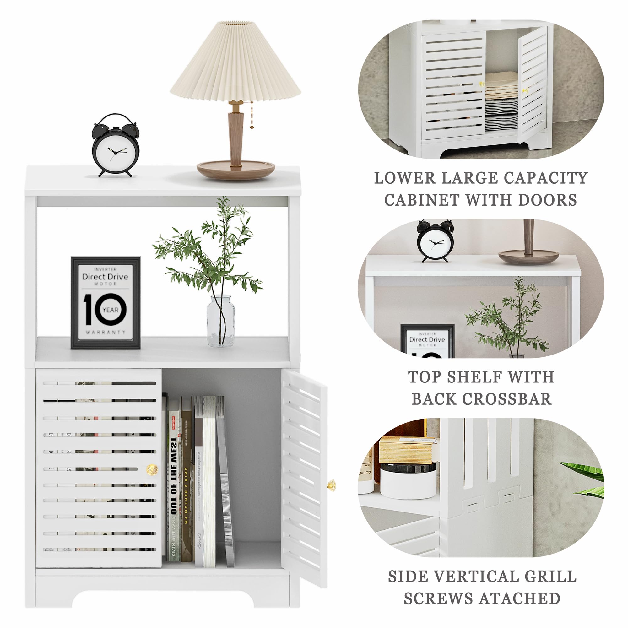 HAYOFAMY 3-Tier Side Table with Doors White, Nightstand End Table Bookcase, Storage Cabinet for Bedroom, Living Room, Bathroom, Office