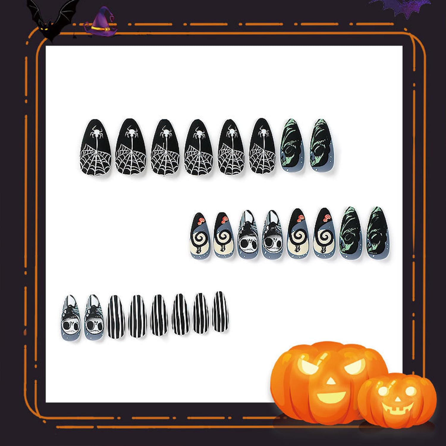 Halloween Press on nails Almond Medium Matte Fake Nails Nightmare Before Christmas Nails Full Cover False Nails with Spider Pumpkin Spider Web Designs Acrylic Glue on Nails for Women 24Pcs