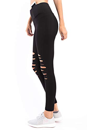Hype Up Women's High Waisted Ripped Super Buttery Soft Active Wear Full Length Leggings with Inner Pocket (S-3X) Black