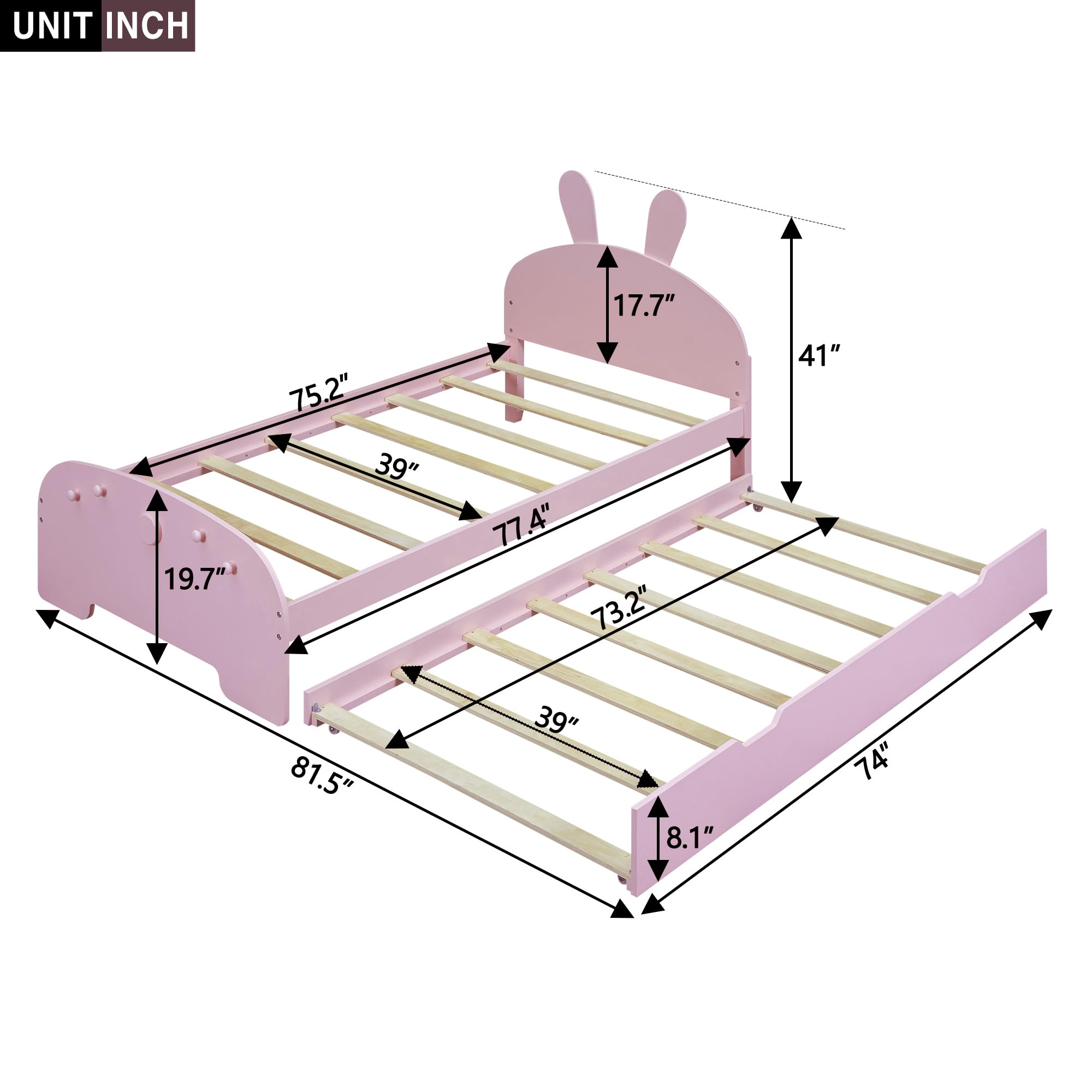 HABUHOME Wood Twin Size Platform Bed with Cartoon Ears Shaped Headboard and Trundle, Pink